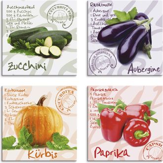 Artland ARTland Wanddeko Küchenbilder Leinwand Bilder Set 4 teilig je 40x40 cm Quadratisch Wandbilder Gemüse Rezepte Zucchini Aubergine Kürbis Paprika S6PG