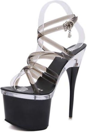 Generic Noir,39 EU,Sandales à Talons Aiguilles pour Femmes, Bout Ouvert, lanières, Plateforme, Talons Hauts, Brides croisées Transparentes en PVC, Chaussures 