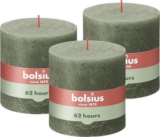 Bolsius Rustik Lot de 3 bougies pilier XXL Vert 10 x 10 cm - Bougies décoratives pour ménage - Longueur de combustion 62 heures - Sans parfum - Cire végétale 