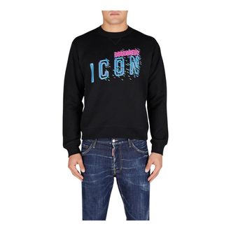 Dsquared2 Homme, Sweatshirts et sweats &agrave; capuche, Noir, Taille: L SweaT-shirt en coton noir avec logo pix&eacute;lis&eacute;