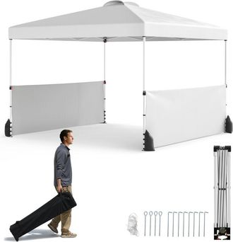 Costway Costway - Tonnelle Pliable 300 x 300 cm avec 2 Demi-Murs Latéraux, Sac à Roulettes, 8 Piquets, 4 Ancrages, 4 Cordes de Vent, 4 Sacs de Sable, Blanc
