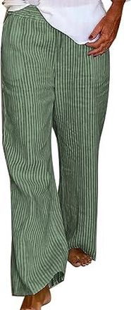 Generic Pantalon L&eacute;ger Femme Fluide en Lin pour Ample Pantalon D&eacute;contract&eacute; &Agrave; Jambe Droite &Agrave; Rayures en Coton et Lin pour Femmes Leger Linen Pants Women Veteme