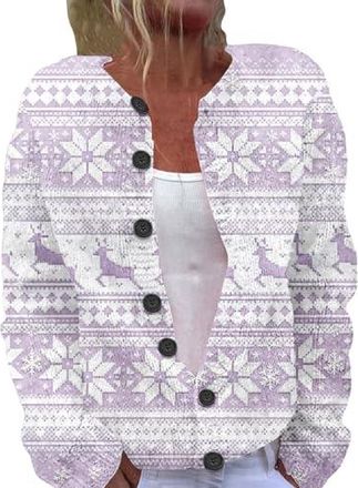 Generic Cardigan rétro en tricot imprimé de Noël pour femme, manches longues, style décontracté, motif renne de Noël, coupe ample, confortable, boutonné, haut