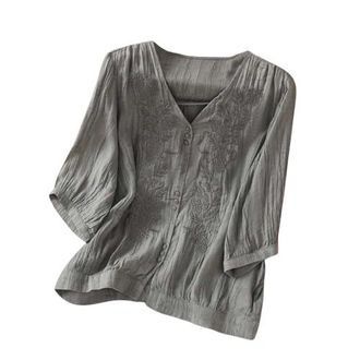 Generic Chemise en lin pour femme, coupe ample, &eacute;l&eacute;gante, brod&eacute;e florale, tunique r&eacute;tro boutonn&eacute;e, col en V, manches courtes, chemisier l&eacute;ger et fluide, gris,
