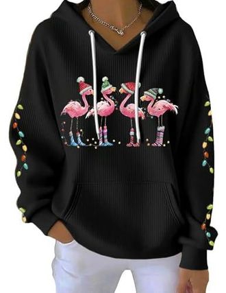 Generic Sweat &agrave; capuche de No&euml;l &agrave; manches longues avec cordon de serrage pour femme, Noir, XL