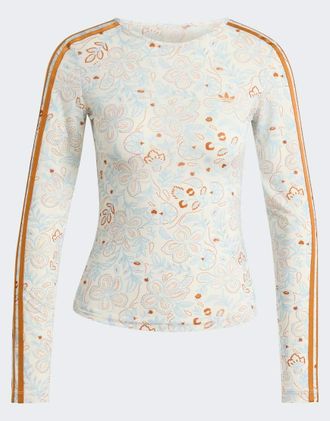 adidas Originals Summer Glow - Top en tulle &agrave; manches longues et imprim&eacute; graphique - Blanc cass&eacute;/orange rustique
