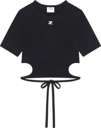 Courr&egrave;ges Femme, Tops, Noir, Taille: 42 FR Ribbon Cut Out Contrast T-shirt