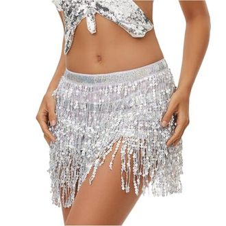 Generic Jupe &agrave; paillettes pour femme - Mini jupe &agrave; franges &agrave; paillettes - Jupe de danse scintillante - Costume de danse pour f&ecirc;te, festival, &eacute;v&eacute;nements cultur