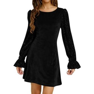 Generic Mini robe en velours &agrave; paillettes pour femme, coupe trap&egrave;ze, manches cloches, manches cloches scintillantes, robe de soir&eacute;e, de cocktail, pour occasio
