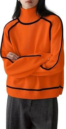 Generic Pull &agrave; col roul&eacute; surdimensionn&eacute; confortable en tricot avec bordure contrast&eacute;e pour lhiver, pull basique tendance pour lautomne, Orange, 3XL