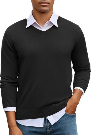 iClosam Pullover Herren mit V Ausschnitt Winter Strickpullover Baumwoll Langarmpullover Pulli Rippstrick Gestrickter Sweater Regular Fit Herrenpullover,Schwar