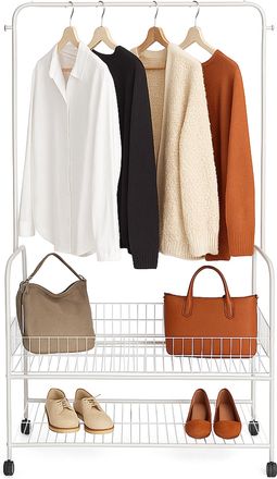 Relaxdays Kleiderständer mit Rollen, 2 Ablagen, Kleiderstange, Kleiderhaken, HBT 165 x 90 x 30 cm, Rollgarderobe, weiß