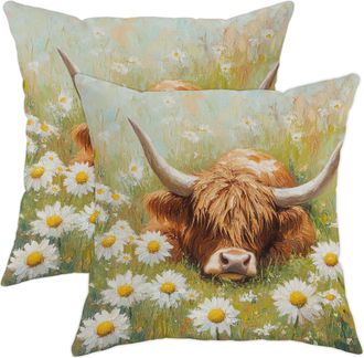 Generic Highland Cow Kissenbezüge, 2er-Set, Blumen-Gänseblümchen, Bauernhaus-Überwurfkissen, Frühlingsland-Stil, Kissenbezüge für Sofa, Bett, Couch, Dekoratio