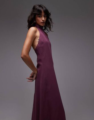 Asos Robe longue dos nu en mousseline &agrave; col montant - Prune-Violet