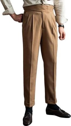 Generic Pantalon de d&eacute;tente vintage taille haute pour homme - Couleur unie - Pantalon d&eacute;contract&eacute; - Coupe classique - Pantalon pliss&eacute; &agrave; boucle, kaki, 46