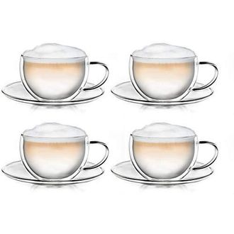 Creano Ensemble de 4 Tasses à Thé ou à Café à Double Paroi Avec Soucoupe en Verre Borosilicaté de qualité | 250ml