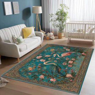 Generic Tapis &agrave; Poils Courts Color&eacute; pour Chambre et Salon, Design Peint &agrave; la Main Style Tropical Flamants Roses, Antid&eacute;rapant et Lavable en Machine, Tapis D&eacute;c