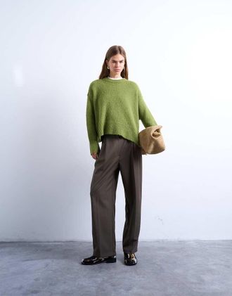 Topshop Pantalon souple coupe large avec pattes de serrage - Olive-Vert