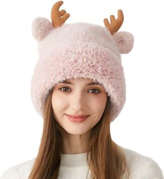 Generic Bonnet Femme Hiver Bonnet Femme Chapeau Femme Hiver Confortable Classique - Bonnet Cerf Dessin Anim&eacute; Mignon, Cache-Oreilles &Eacute;pais Doubl&eacute; Polaire, Id&eacute;a