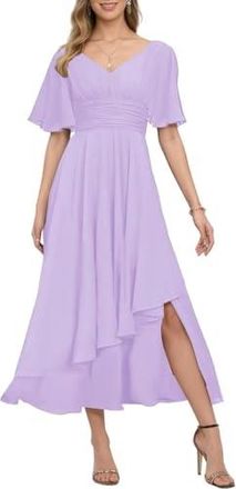 Generic Robe de mère de la mariée avec manches et col en V plissée en mousseline de soie pour invitée de mariage, lilas, 56 Grande taille