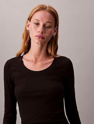 Calvin Klein Geripptes T-shirt Aus Modal Mit Langen &Auml;rmeln - Black - Damen - 2XL
