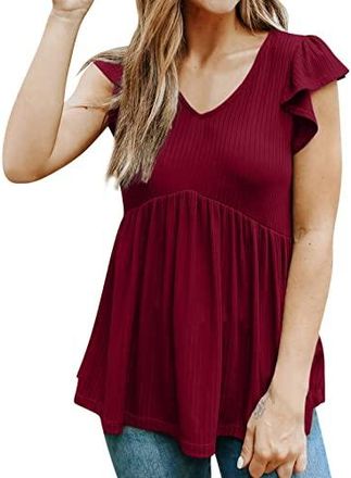 Janly T-shirts femmes des ann&eacute;es 80 Haut d&eacute;t&eacute; pour femme avec col en V Manches &agrave; volants pour une &eacute;l&eacute;gance d&eacute;contract&eacute;e T-shirt design swing T-shirt grandes