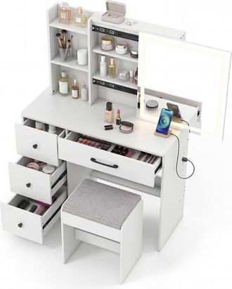 Giantex Schminktisch mit Beleuchtung & Spiegel, Frisiertisch Holz mit 4 Schubladen & verstellbarem Ablagefach, Make-up Tisch mit Ladestation, Kosmetiktisch mi