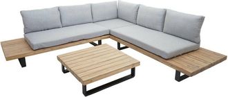 Hhg Garten-Garnitur HHG 641, Garnitur Sitzgruppe Lounge-Set, Spun Poly Akazie Holz mvg Alu hellbraun, Polster hellgrau