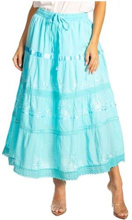 Sakkas 554M Jupe Coton Mi-Longue Brod&eacute;e Solide Gitane/Boh&eacute;mienne - Turquoise/Taille Unique
