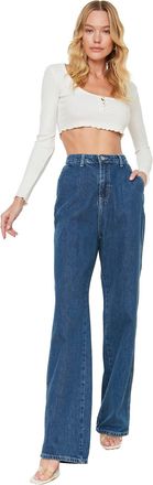 Trendyol Damen Große Beindejeans der Hohen Taille 90 Jeans, Dunkelblau, 38