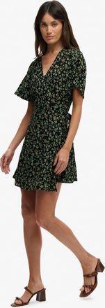 Superdry Ellys - Robe portefeuille courte fluide &agrave; fleurs - Noir