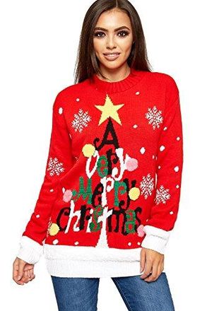 WearAll Femmes Tricoté Joyeux Noël Longue Manche Noël Arbre Dames Pom Cavalier - Rouge - 40-42