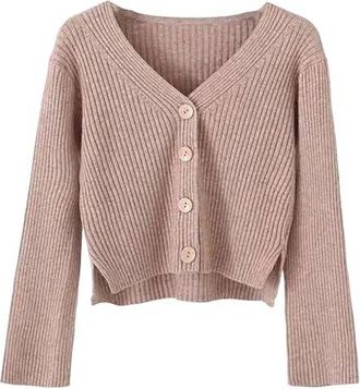Generic Cardigan court &agrave; col en V pour femme - Style d&eacute;contract&eacute; - Manches longues - En tricot simple, kaki, Taille Unique