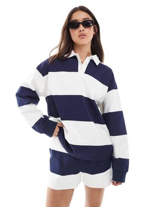 4th & Reckless Sweat densemble fa&ccedil;on polo de rugby &agrave; rayures avec col - Bleu marine/blanc-Multicolore