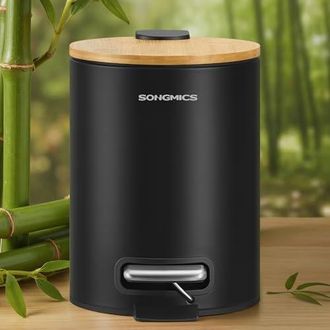Songmics Kosmetikeimer, M&uuml;lleimer Bad, mit Deckel aus Bambus, Tretm&uuml;lleimer mit Metallpedal, Inneneimer herausnehmbar, Softclose, f&uuml;r Badezimmer, 3 Liter, tint