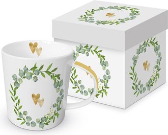 ppd Tasse Hochzeit & Liebe Goldene Herzen im Kranz aus Porzellan im passenden Geschenkkarton. Motivtasse für den gedeckten Tisch und als Geschenk 0,4L x H