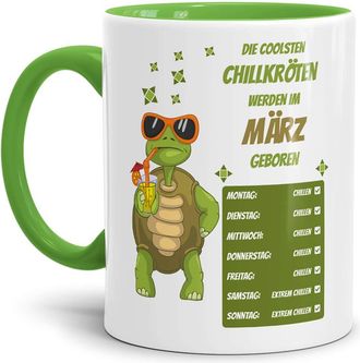 Tassendruck Geburtstags-Tasse Die Coolsten Chillkr&ouml;ten Werden im M&auml;rz Geboren Innen & Henkel Hellgr&uuml;n - Mug/Cup/Becher/Lustig/Witzig/Geschenk-Idee