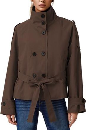 Generic Vestes pour femmes &agrave; double boutonnage avec ceinture nou&eacute;e &agrave; manches longues, veste anorak courte avec poches avant pour la mode dautomne d&eacute;contract&eacute;e