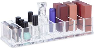 Relaxdays Make Up Organizer eckig, 8 F&auml;cher, Mehrzweckbox, Nagellack & Lidschatten, HxBxT: 5 x 25,5 x 9 cm, transparent