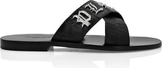 Philipp Plein Homme, Chaussures, Noir, Taille: 40 EU Sandales en cuir &agrave; plaque logo