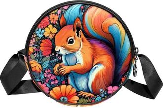 Generic Sac &agrave; bandouli&egrave;re rond pour femme, motif &eacute;cureuil color&eacute;, petit sac &agrave; dos &agrave; bandouli&egrave;re avec fermeture &eacute;clair, bretelles r&eacute;glables, sac &agrave; main rond d&eacute;