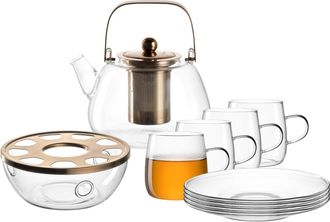 Leonardo LEONARDO T&egrave; per Te Tee-Set f&uuml;r 4 Personen, Teekanne mit Metallhenkel 1,2 L mit St&ouml;vchen 4 Teetassen und 4 Untertassen, Borosilikatglas, Handgefertigt,