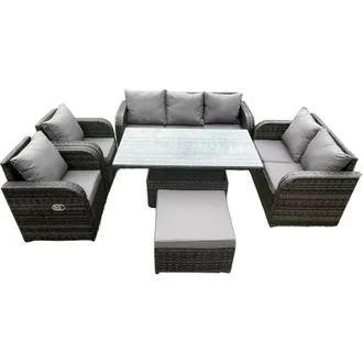 Fimous Rattan Gartenm&ouml;bel Sets H&ouml;henverstellbarer aufsteigender Esstisch Liegender Stuhl Sofa Set mit gro&szlig;em Fu&szlig;hocker Dunkelgrau gemischt - Fimous