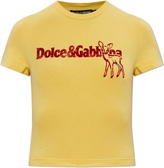 Dolce & Gabbana Femme, Tops, Jaune, Taille: 32 FR T-Shirt avec Logo Velours