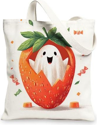 Generic Sac fourre-tout en toile avec motif fraise, fantôme, ludique, léger, lavable et réutilisable pour voyage, gym, plage, blanc, 13x15 Inch