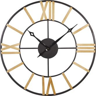 Beliani Runde Wanduhr &oslash; 80 cm aus Eisen r&ouml;mische Ziffern schwarz/Gold Valsot