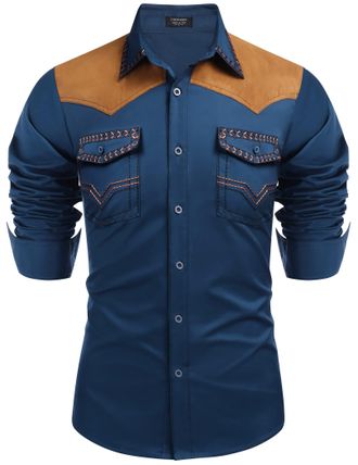 Coofandy Western-Cowboy-Hemd f&uuml;r Herren, bestickt, lang&auml;rmelig, schmale Passform, l&auml;ssig, Baumwolle, Button-Down-Hippie-Shirt, mit Taschen, Blau, XX-Large