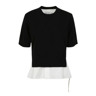 sacai Femme, Pulls, Noir, Taille: 42 FR Pull ras de cou Poplin x Coton en maille
