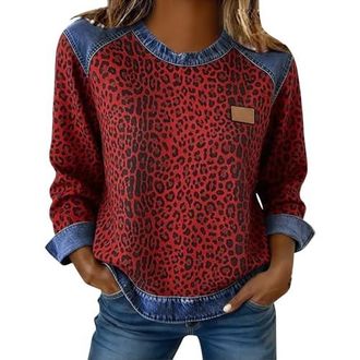 Generic Sweat-shirt pour femme - Mode printemps - Denim - Patchwork - Imprim&eacute; l&eacute;opard - Haut d&eacute;contract&eacute; &agrave; manches longues - Col &agrave; revers - Couleurs contrast&eacute;