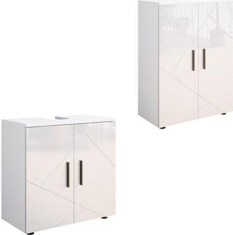 Vicco Badmöbel-Set Weiß Hochglanz Irma, bestehend aus Waschbeckenunterschrank, Midischrank - Harmonische Farb- und Materialkombinationen